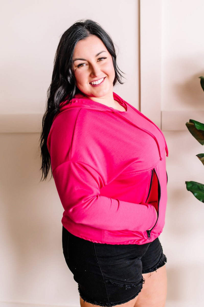 Double Zip Kangaroo Pocket Hoodie In Barbie Pink Color – Perfectly ...